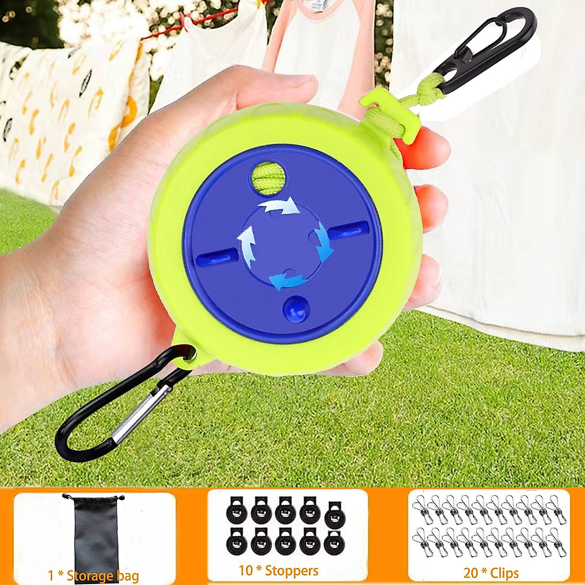 Qihengzhijia Adjustable Travel Clothesline Cord, 32FT Portable Camping Clothesline,Windproof Drying Line Rope for Outdoor/Indoor/Home/Laundry/Hotel,with 20pcs Windproof Clothespins