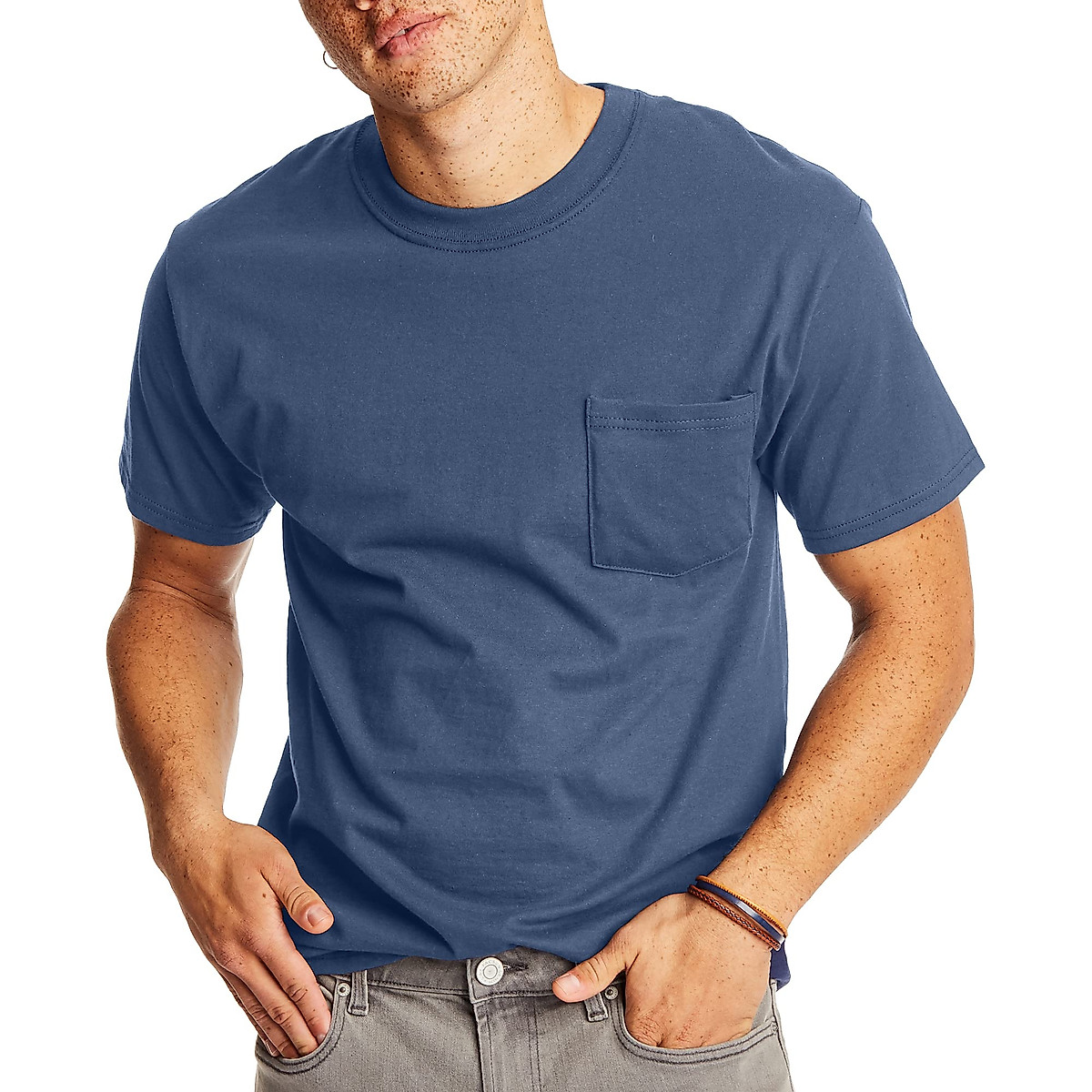 Hanes Men's Beefy Short Sleeve Pocket Tee Value Pack (2-Pack), Denim Blue, X Large