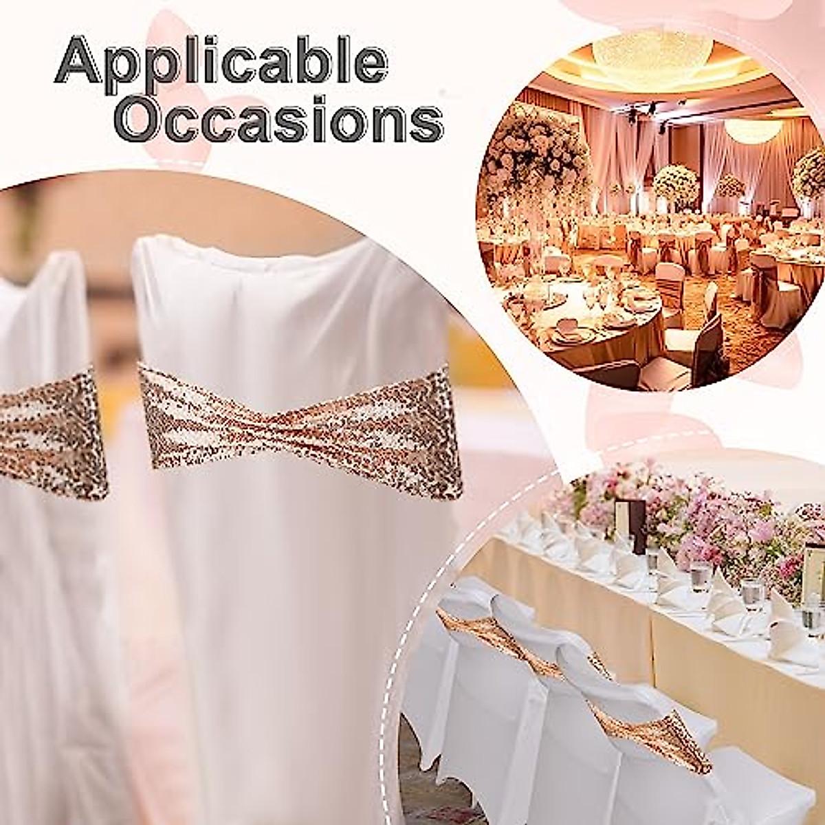 Windyun 50 Pcs Stretch Folding Chair Cover and Sequin Chair Sashes Universal Spandex Chair Slipcovers Double Sided Sequin Bows Washable Chair Protector for Wedding Birthday Banquet (White, Rose Gold)