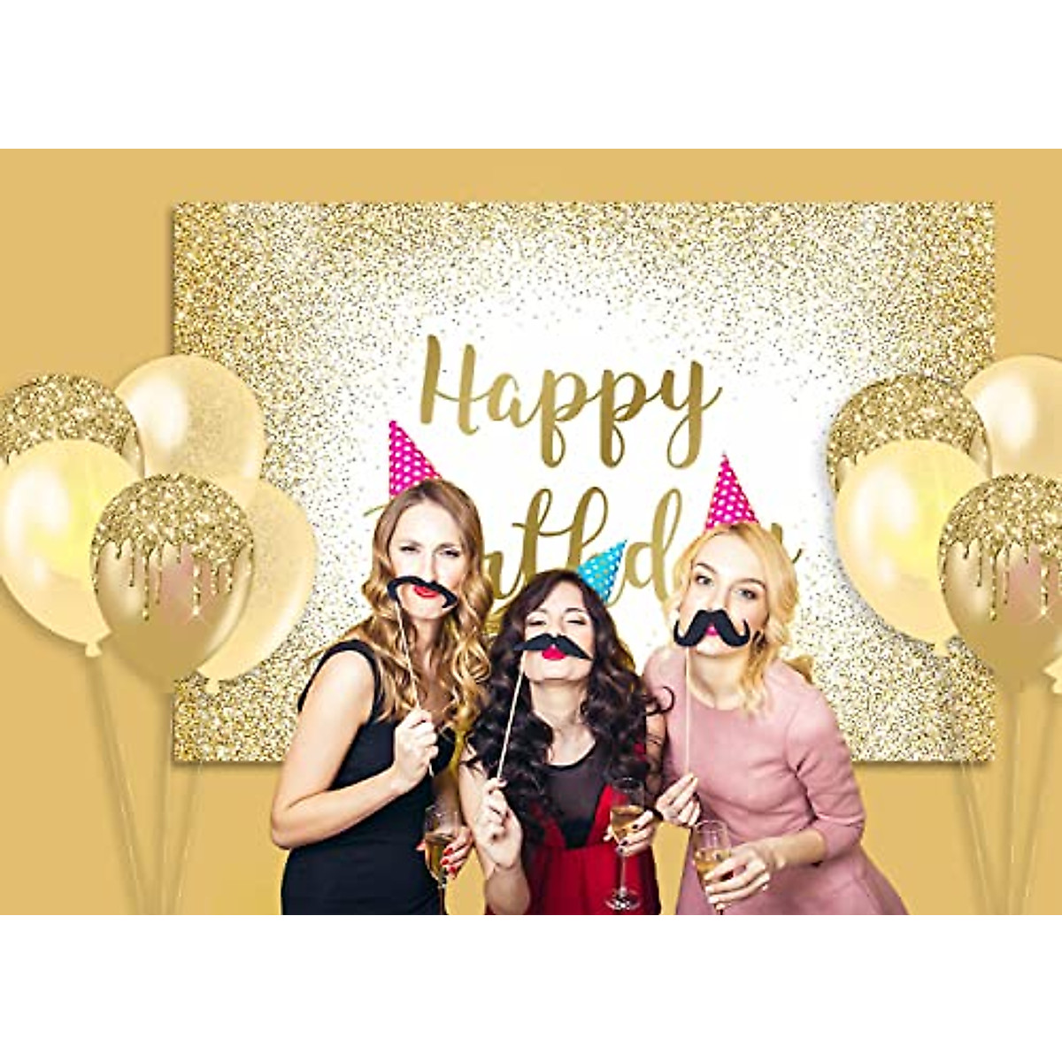 Mocsicka Happy Birthday Backdrop Gold Birthday Photo Backdrops for Women Men 7x5ft Golden Glitter Sweet 16 Birthday Photography Background
