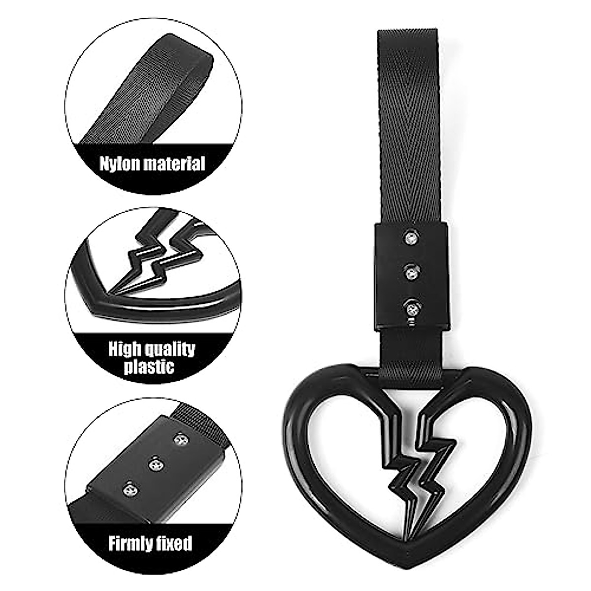2 PCS Broken Heart Shaped Car Handle Straps Hang Ring Rear Bumper Warning Ring Decorative Subway Train Bus Handle Hand Strap Drift for Car Interior (Black)