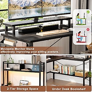 Aheaplus L Shaped Gaming Desk with Power Outlets & LED Lights, Small L- Shaped Desk Computer Corner Desk with Monitor Stand & Storage Shelf, Home Office Desk Writing Desk with Storage Bag, Black