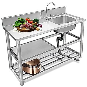 Freestanding Stainless Steel Sink, Commercial Restaurant Sink, Outdoor Single Bowl Station Utility Sink for Bar Restaurant Kitchen Hotel and Home 1 Compartment Sink with Drainer Unit and Tap