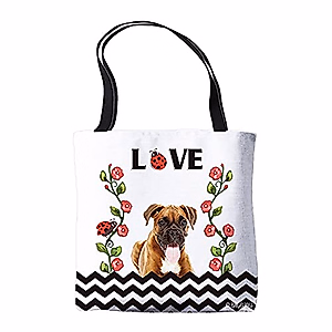 My Love Ladybugs and Dog Tote Bag German Boxer Puppy Rustic Floral Vine Wave Stripe Spring Farmhouse Funny Puppy Animal Pet Decor Shoulder Bag Handbag Casual Tote