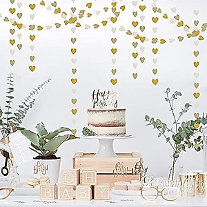 White-Gold Champagne Party-Decorations Heart Streamers Garland - 52Ft Christmas Wedding Engagement Hanging Paper Banner,Bachelorette Neutral Baby Bridal Shower Decor Banners Lasting Surprise