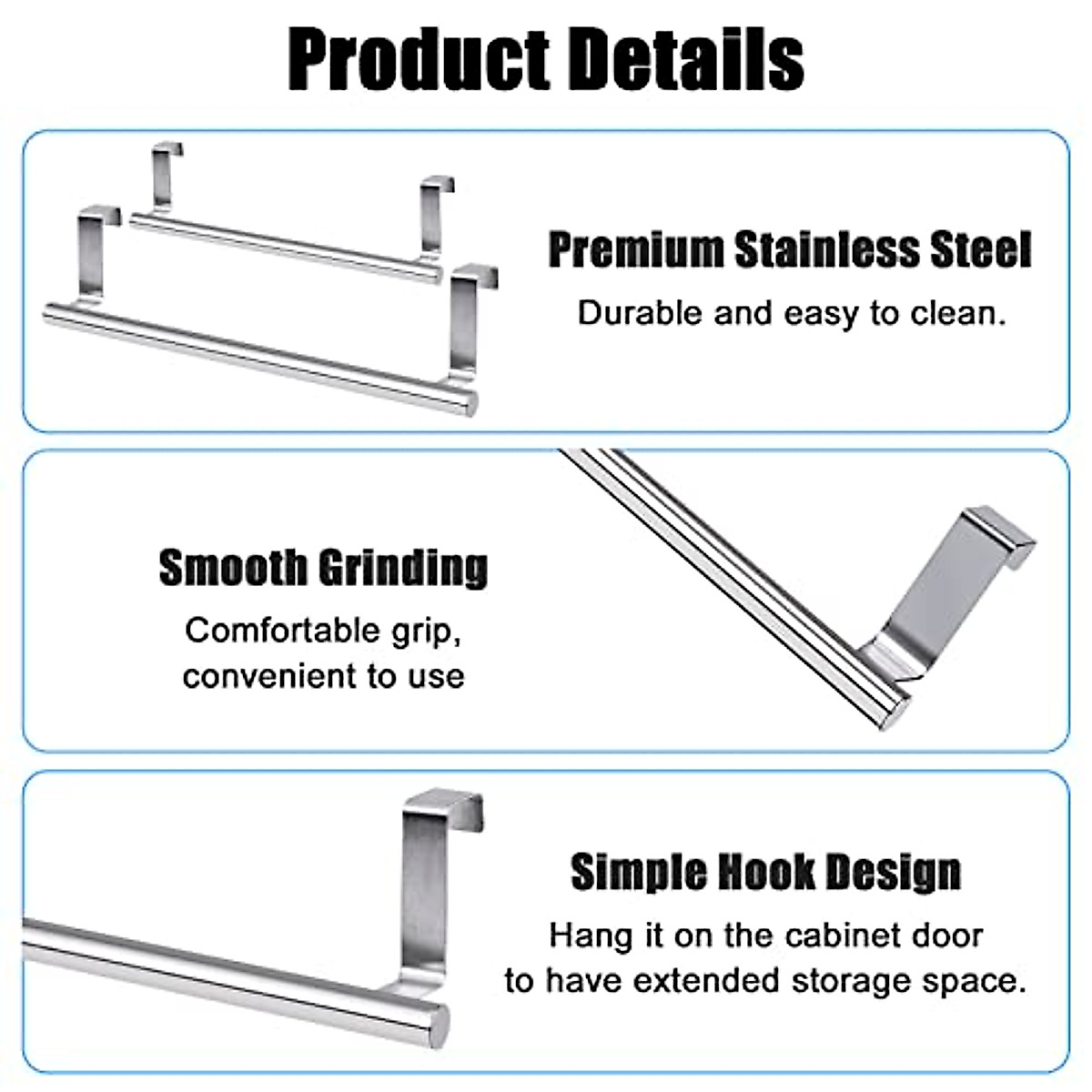 Cabinet Door Towel Bar, Dish Towel Rack for Cabinet, Stainless Steel Kitchen Towel Holder, Over The Door Hand Towel Hanger for Kitchen Bathroom Cupboard, 2 Pack (1*Small+ 1*Large)