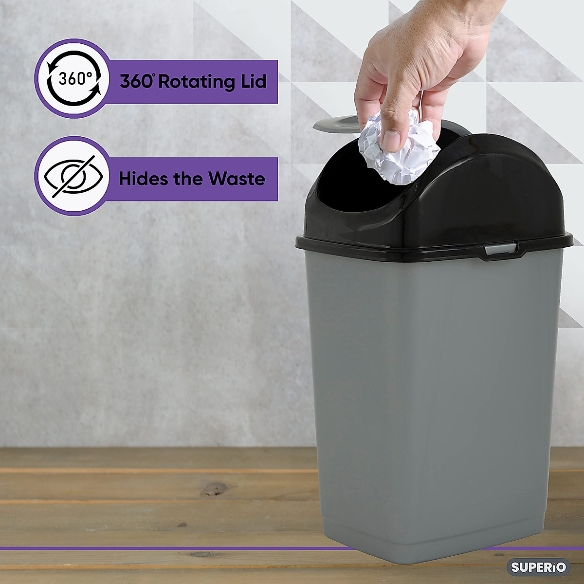 Superio Swing Top Trash Can,Set of 3 Waste Bins for Home, Kitchen, Office, Bedroom, Bathroom, Ideal for Large or Small Spaces - White (Grey-10 qt+2 5 qt)