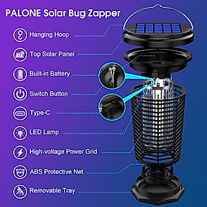 Solar Bug Zapper for Outdoor & Indoor, USB Rechargeable Mosquito Killer Lamp with UV Light, 4500V Electric Fly Traps, 5.5W Insect Zapper for Patio, Home, Backyard, Garden, Camping