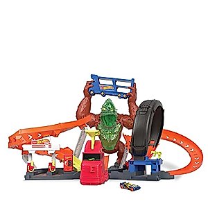 Hot Wheels Toy Car Track Set City Toxic Gorilla Slam Gas Station & Tire Repair Shop, Truck Launcher, 1:64 Scale Car