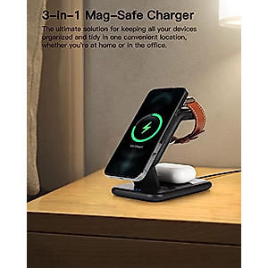 3-in-1 MagSafe Charger Stand, 18W Fast Magnetic Charger for iPhone 14, 13 & 12 Series - Apple Watch & AirPods, Wireless Charging Station for Multiple Devices with Adapter and LED