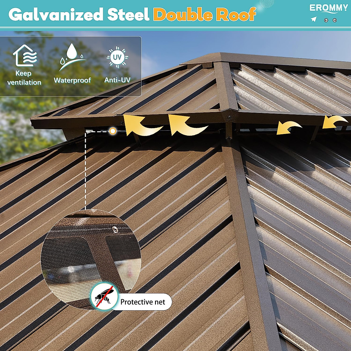 EROMMY 12' x 16' Hardtop Gazebo, Aluminum Frame Gazebos with Galvanized Steel Double Roof, Permanent Outdoor Metal Pavilion with Curtain and Netting for Patio, Lawn, Deck