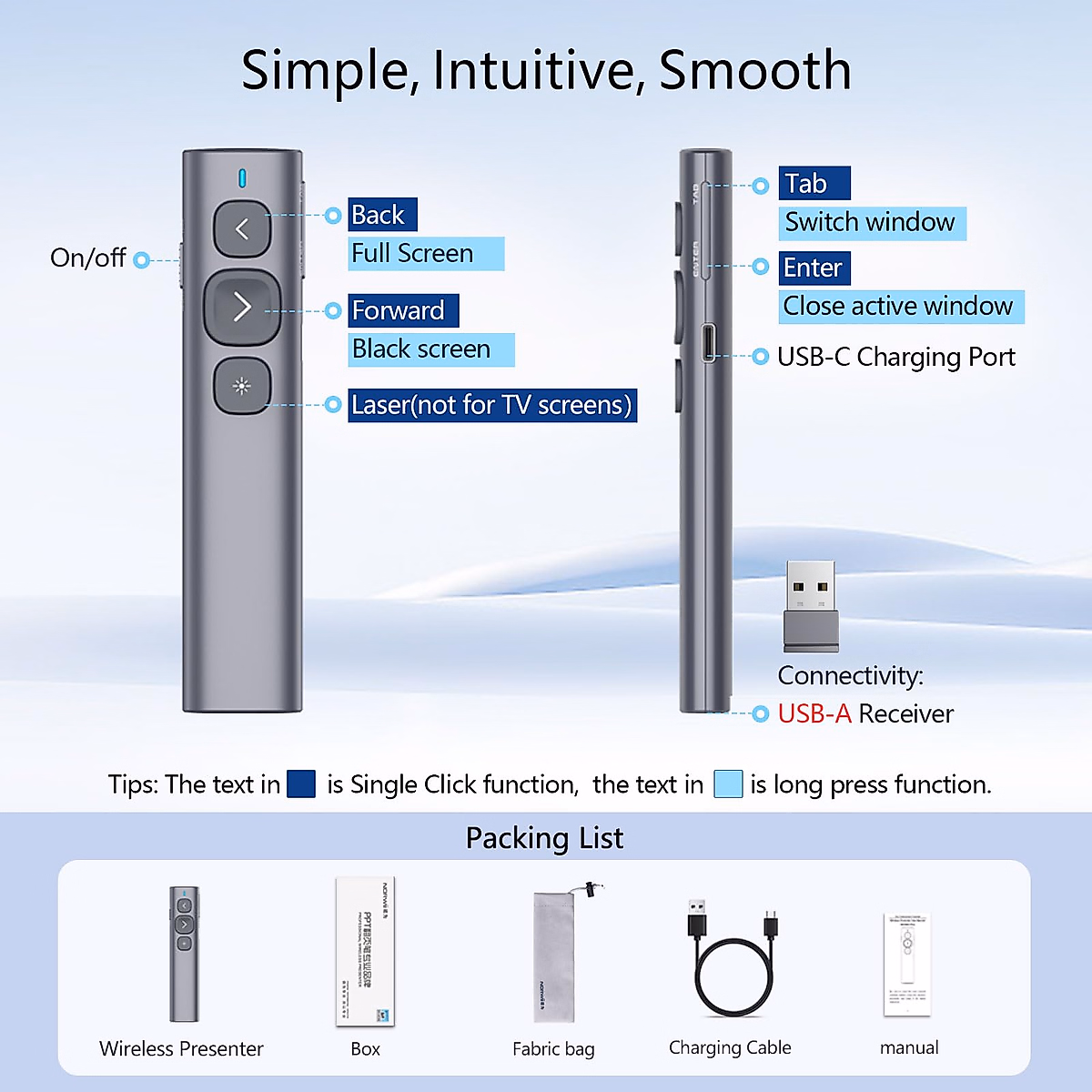 Norwii N95 Presentation Clicker, PowerPoint Clicker for Presentation Remote, Rechargeable Wireless Presenter Pointer, Slide Clicker for ipad/mac/Laptop in Classroom, Auditorium, Church(Green, USB-A)