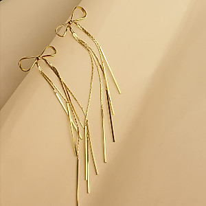 Agriajun Long Gold Bow Tassel Drop Dangle Earrings for Women- Dainty Metal Chain Dangling Shiny Bar Earring Statement Fringe Waterfall Wedding Bridesmaid Prom Jewelry Mother Gifts