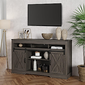 HEYNEMO Modern Farmhouse TV Stand for Televisions up to 65 Inch with Two Sliding Barn Doors and Storage Cabinets, Entertainment Center Console Table with Adjustable Shelves for Living Room Bedroom
