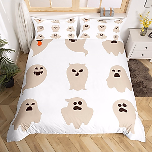 Feelyou Halloween Themed Bedding Set for Girls Boys Kids King Size Kawaii Ghost Comforter Cover Set Room Decorative Trick or Treat Duvet Cover White Bedspread Cover Bedclothes