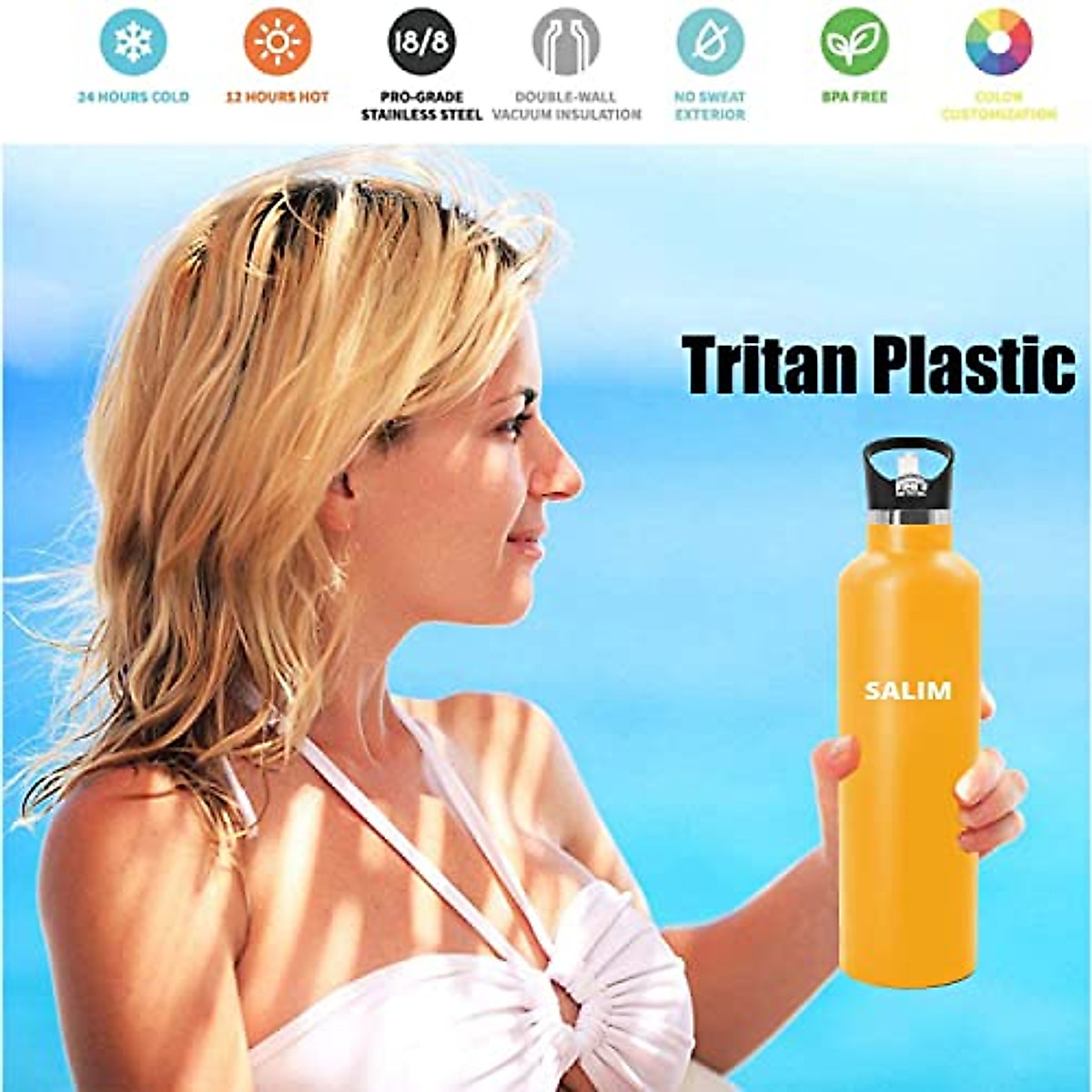 SALIM Water bottle stainless steel with straw. Insulated double walled 1L thermos keeps drinks hot for up to 12 hours and cold 24 hours. Bpa free. Metal bottles. good gift. (Green)