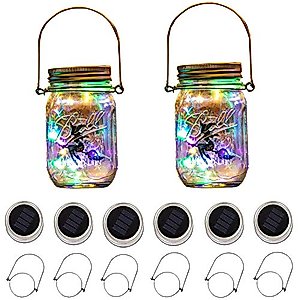 VOOKRY 6 Pack Solar Mason Jar Lid Lights(6 Handle/2 Fairy Sticker Included), 30 Led String Fairy Lights, Decor Idea for Mason Jar,Patio Garden Solar Fairy Lanterns Table Lights Multicolor (No Jars)