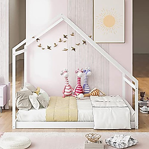 Tensun Full Size Wooden House Bed with Roof for Toddlers,Kids,Girls, Boys, Bedroom Children Full Floor Bed Frame,No Box Spring Needed,White