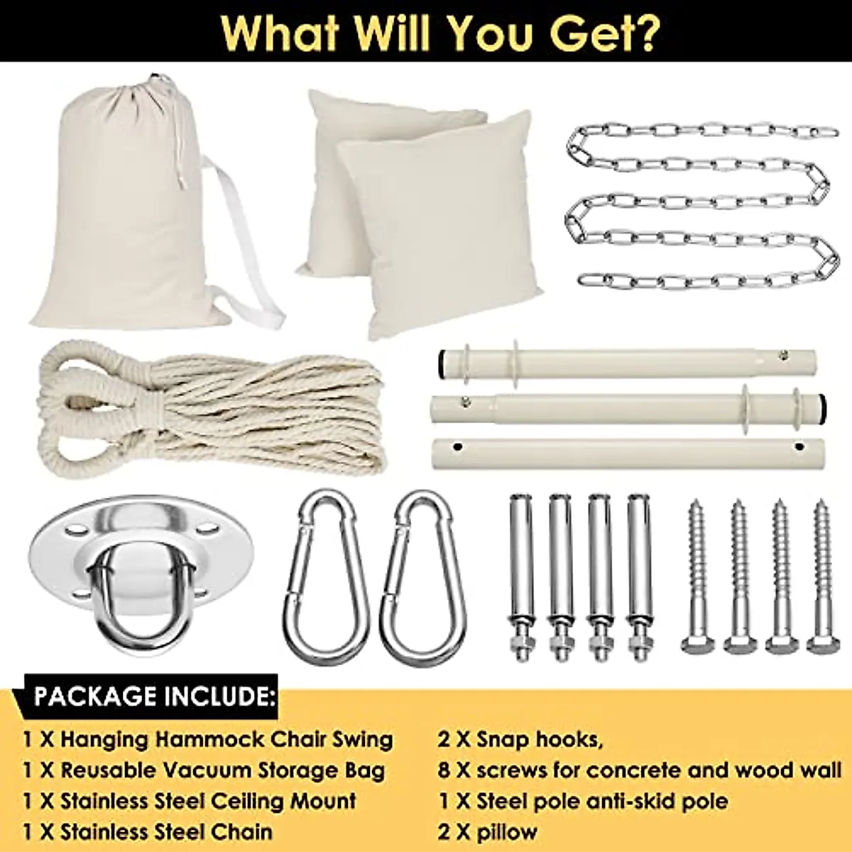 Y- STOP Hammock Chair Hanging Rope Swing, Max 500 Lbs, 2 Cushions Included, Large Macrame Hanging Chair with Pocket for Superior Comfort, with Hardware Kit, Beige