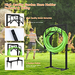 Garden Hose Holder Freestanding Outdoor - Heavy Duty Water Hose Holders for Outside,Metal Hose Stand with 4 Spikers,Hose Hanger Free Standing,Hose Storage for Outside,Holds 150-feet Hose,Black