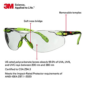 3M Safety Glasses, Solus 1000, S1207SGAF, ANSI Z87, Scotchgard Anti-Fog Lens, Green/Black Frame, Indoor/Outdoor Gray Lens, Padded Temple, Soft Nosebridge, UV Protection, Premium Eye Protection
