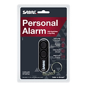 SABRE Personal Alarm With Key Ring, 120dB Alarm, Audible Up To 1,280 Feet (390 Meters), Simple Operation, Reusable, Black