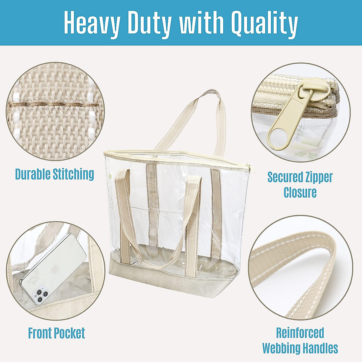 VENO 2 Pack Clear Beach Bag, Large Transparent Large Tote Bags for Women Swim Pool Gym Summer Vacation Essentials - Beige