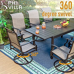PHI VILLA 7 Piece Patio Dining Set, Outdoor Table Chairs Set with 6 High Back Swivel Dining Chairs and Extendable Metal Patio Table for 6-8 Person, Outdoor Furniture Dining Set for Lawn Garden