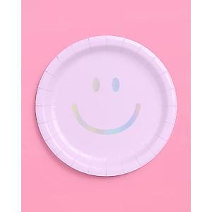 xo, Fetti Smiley Paper Plates - 24 pk, 9" | Happy Pastel Birthday Party Decorations, Cute Bachelorette Party, Cool Cake Plates