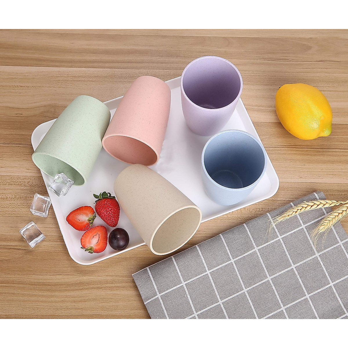 LuckyZone Wheat Straw Unbreakable Cup (12 oz) - Reusable Drinking Glasses Set of 5 - Dishwasher Safe - BPA Free & Eco-Friendly(Beige)