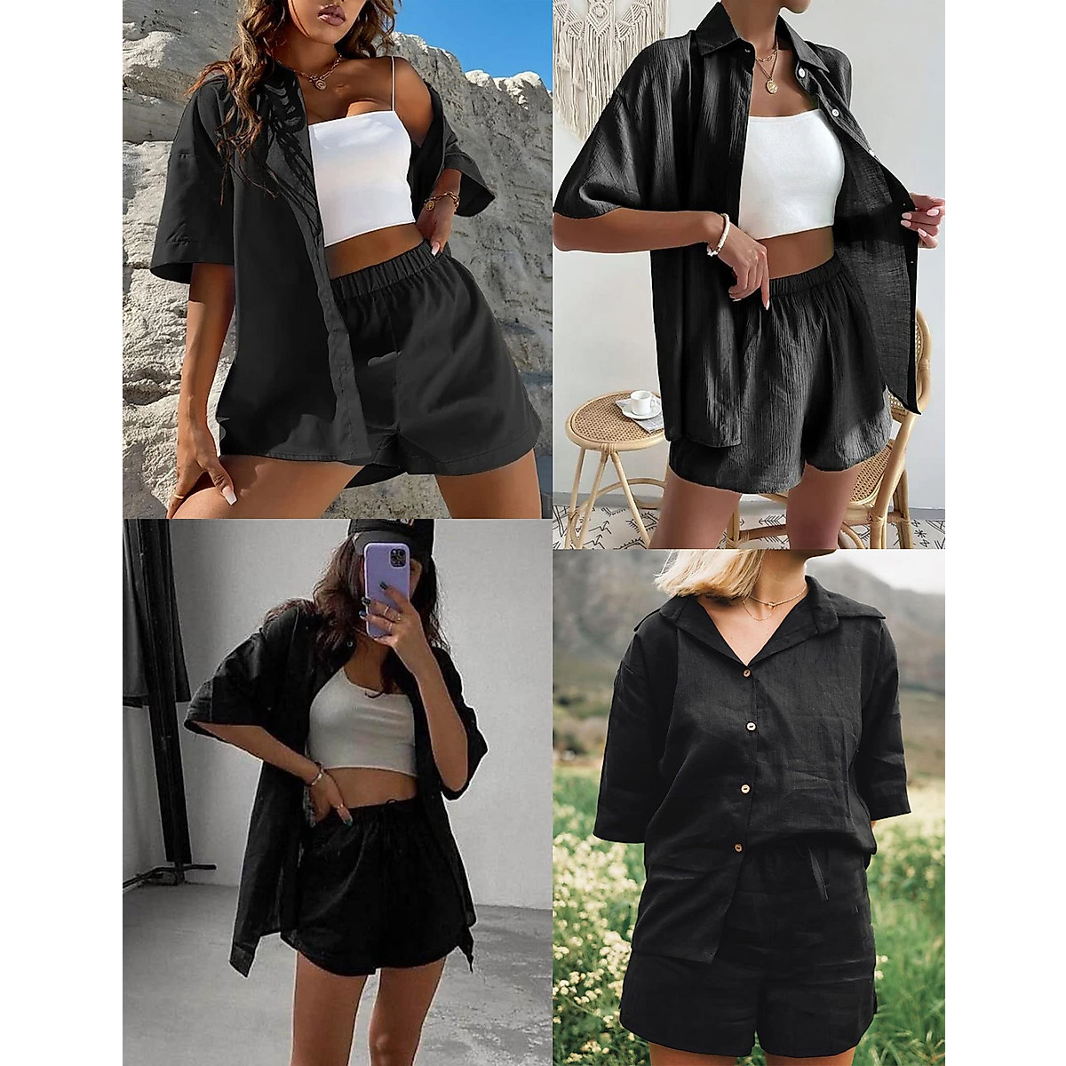 Zeagoo Women's 2 Piece Solid Color Tracksuits Outfits Summer Short Sleeve Set,Black,X_Large