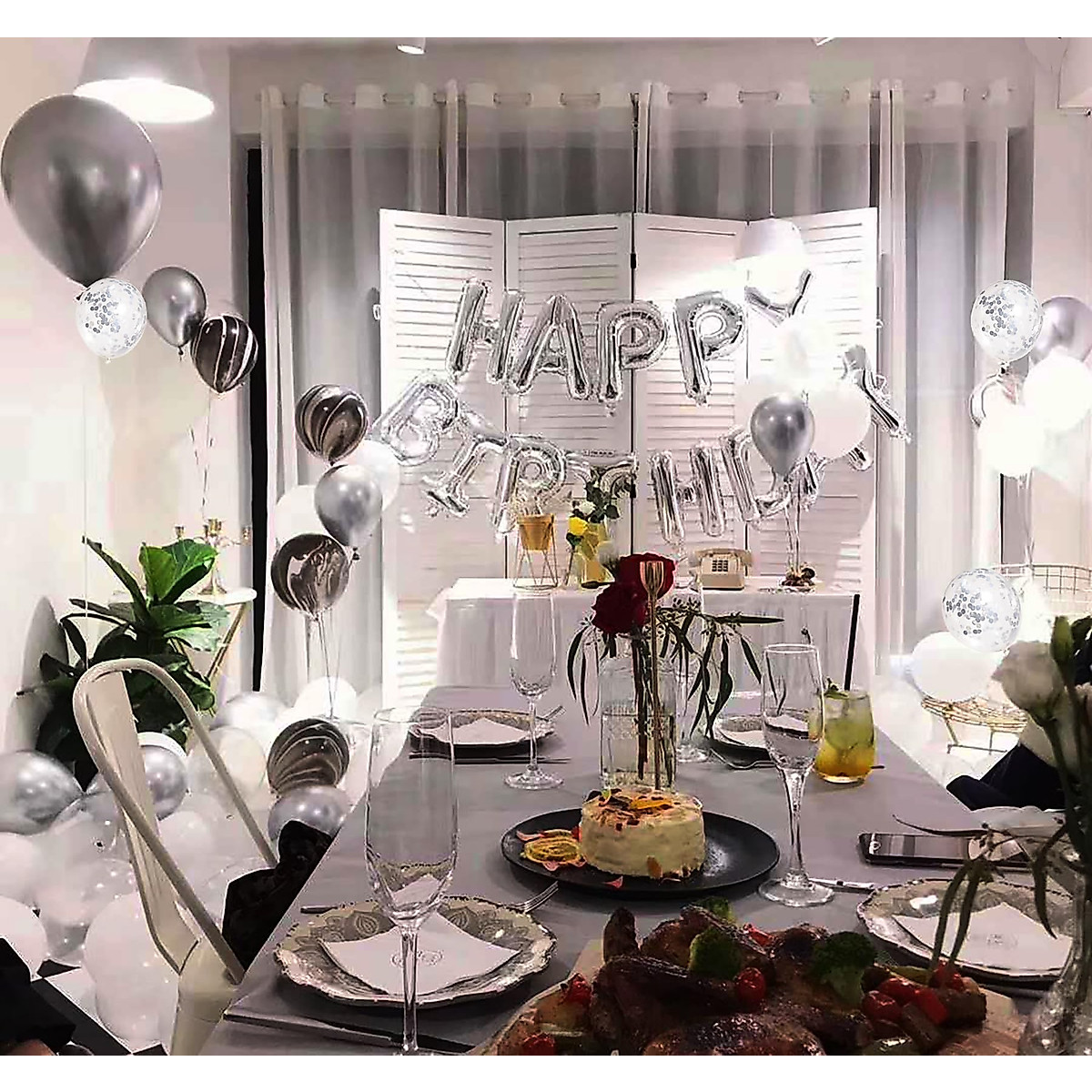 Mayen 50 Pcs 12 Inches Black Silver White Balloons Set, Black Marble Balloons, Silver Metallic and Silver Confetti Balloons, Black and Silver Birthday Party Decorations, Silver Graduation Decorations