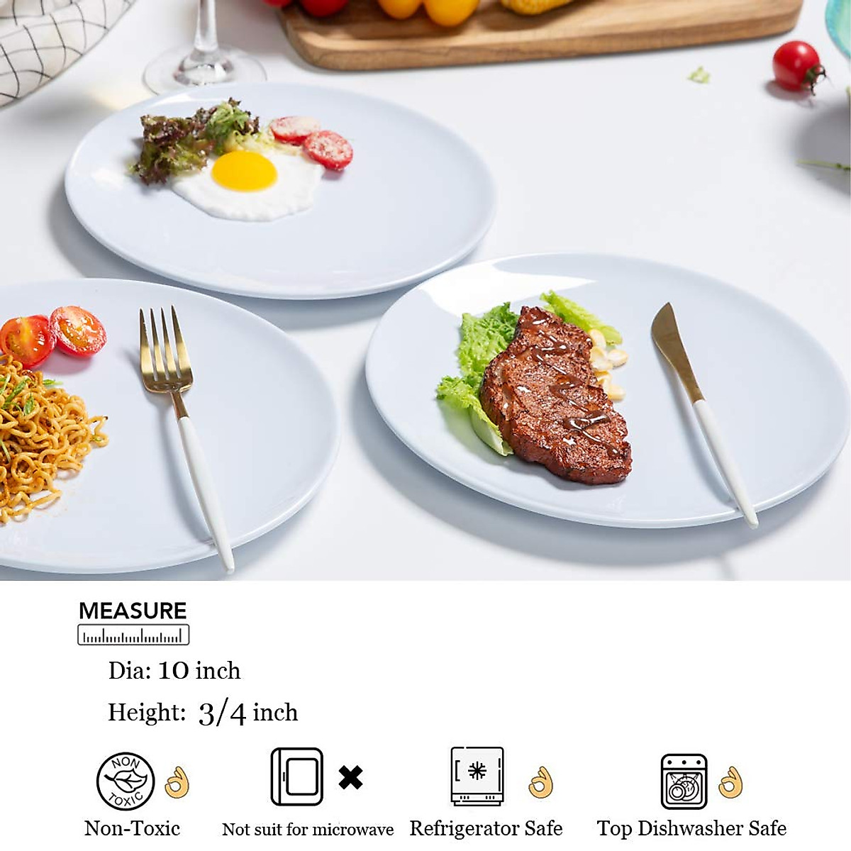 Webbylee Melamine Dinner Plates - 6pcs 10inch Dinnerware Dishes Set for Indoor and Outdoor Use, Break-resistant, White