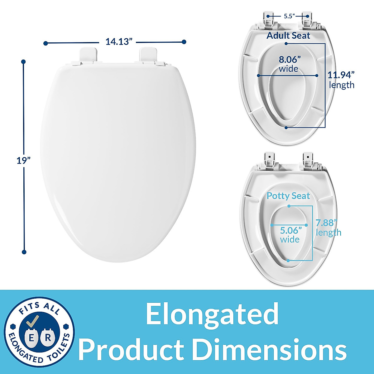 Little2Big 181SLOW 000 Toilet Seat with Built-In Potty Training Seat, Slow-Close, and will Never Loosen, ELONGATED, White