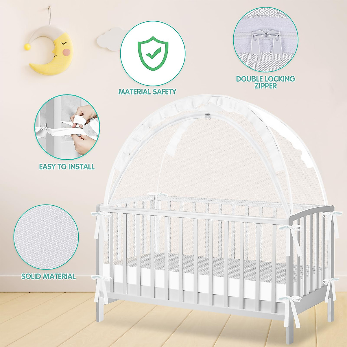 Crib Tent - Crib Net to Keep Baby in, Stop Baby from Climbing Out of Crib, Pop Up Baby Crib Tent with Durable Breathable Net Double Zipper Strong Rods Installation Convenience