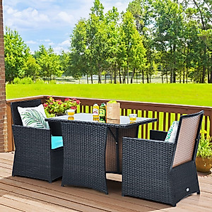 KOTEK 3 Piece Outdoor Dining Set, PE Rattan Dining Table & Chairs Set with Tempered Glass Top & Cushions, Wicker Conversation Set, Patio Bistro Set for Backyard Garden Porch (Turquoise)