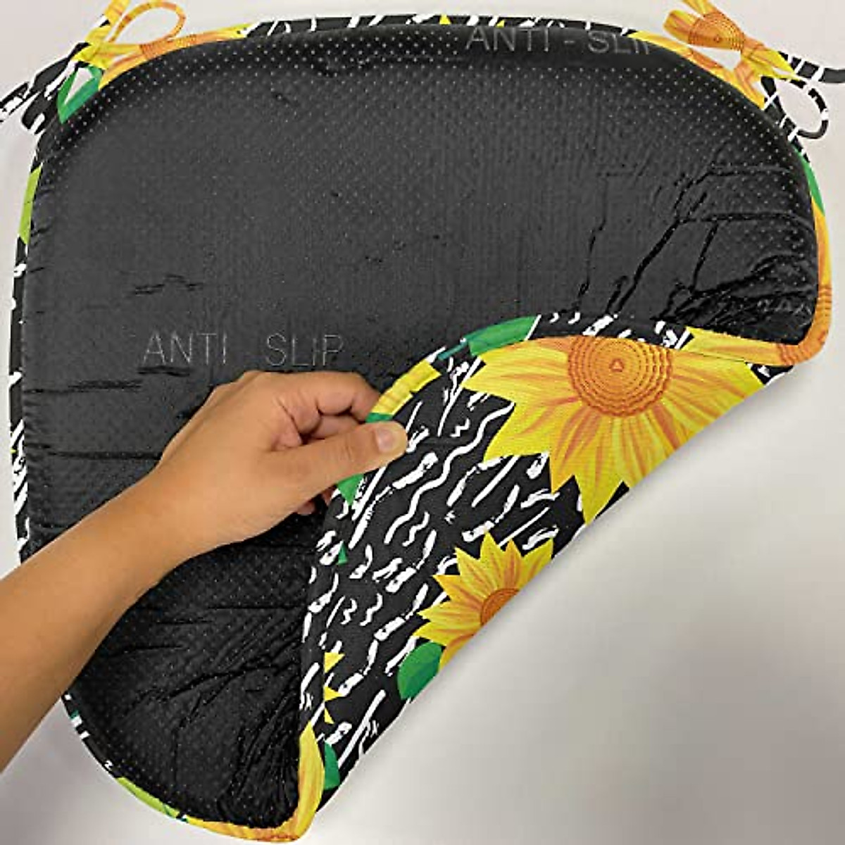 Lunarable Floral Chair Seating Cushion Set of 6, View of Sunflowers on a Background of Monochrome Stripes, Seat Pads for Office with Anti-Slip Backing, 16"x16", Charcoal Grey Yellow