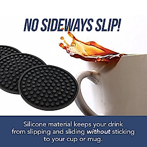 ENKORE Coasters For Drinks - Set of 6 with Holder, Black - Protect Furniture From Water Marks or Damage - Deep Tray and Rim Catch Cold Drink Sweat Without Spill, Large 4.3 Inch Size Fit All Cups