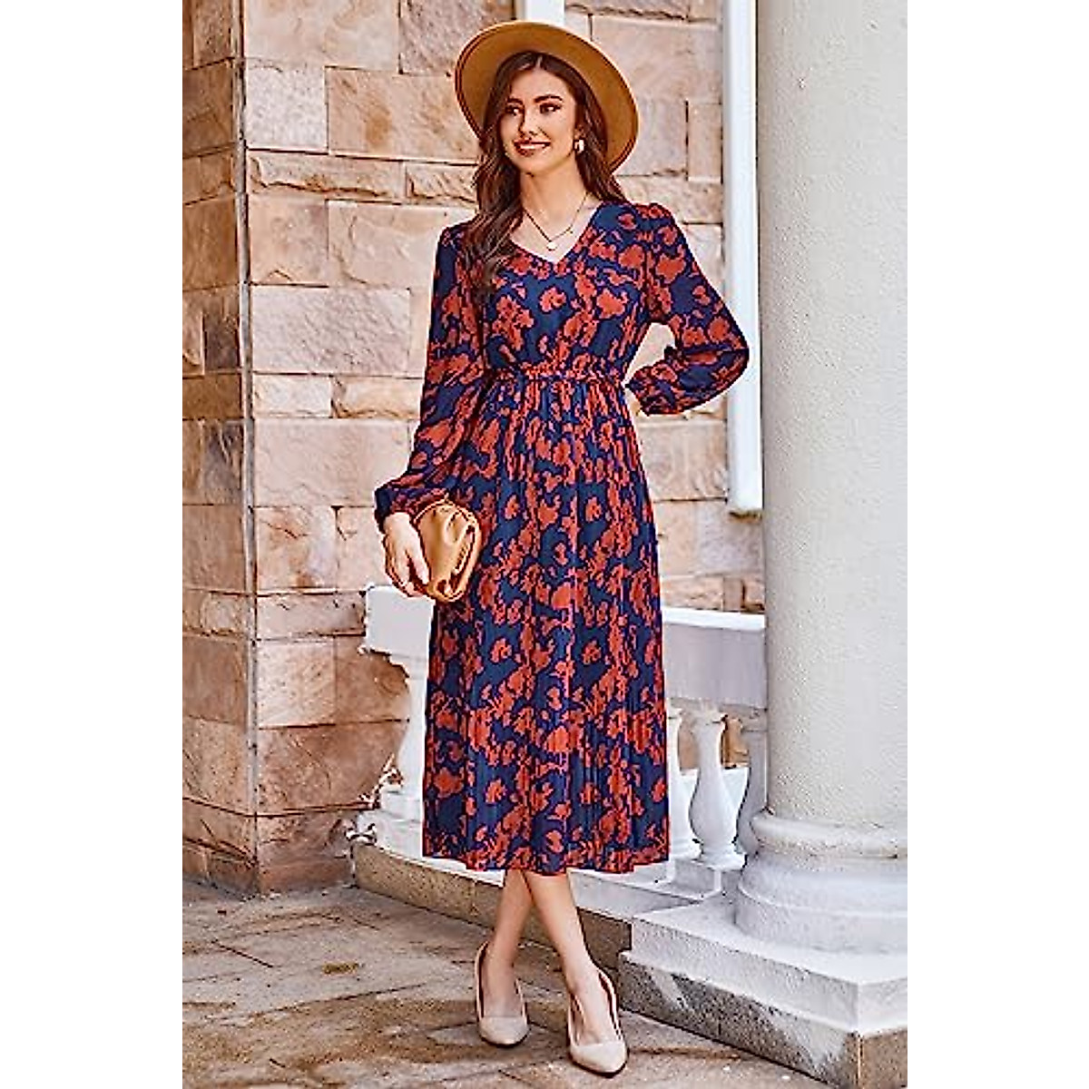 GRACE KARIN 2023 Women's Floral Print Dress V Neck Long Lantern Sleeve Bohemian Dress Elegant Flowy Dress Navy Blue XL