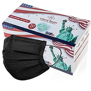 Liberty Masks [50-Pack] Made in USA | Black | 3 Ply Disposable Face Masks | Adjustable Nose Wire | Breathable Face Covering | Lightweight | Soft Elastic Ear Loops