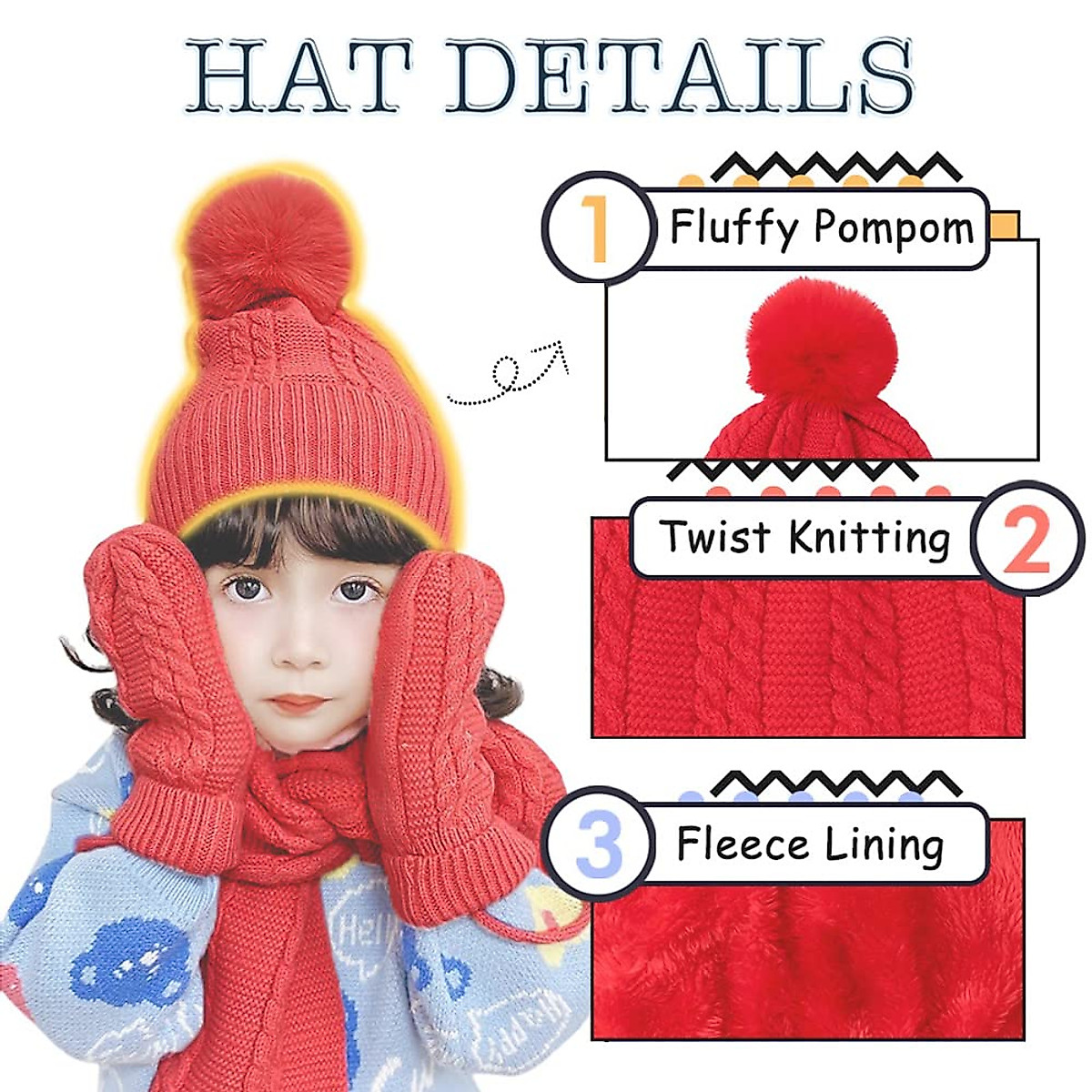 Kids Winter Hat Scarf Mittens Set Toddler Knitted Beanie Girls Fleece Children Neck Warmer Boys Warm Gloves 2-7 Years (Red)