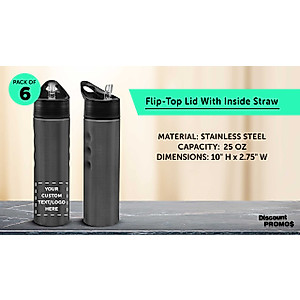 DISCOUNT PROMOS Custom Slim Stainless Steel Water Bottles 25 oz, 6 pack, Personalized Text, Logo, Reusable Gym Sports Bulk Pack, Charcoal