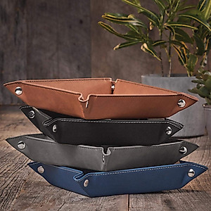 Customized Leather Valet Tray with Snaps Jewelry Key Coin Watch Glasses Tray with Custom Name Text - Wedding Holiday Birthday Corporate Gift (Brown)