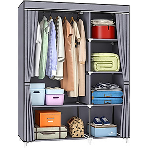 KEKIWE Portable Closet, Wardrobe Closet for Hanging Clothes with 1 Hanging Rods, 6 Storage Organizer Shelves, Easy to Assemble, Space Saving for Bedroom, 43 x 17.7 x 66 Inches, Grey