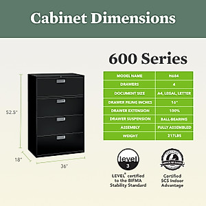 HON Adjustable Hangrails for A4, Legal, Letter Files Lock-600 Series Lateral Office Storage Locking Metal Cabinet 36" W x 18" D, 4 Drawers, Black