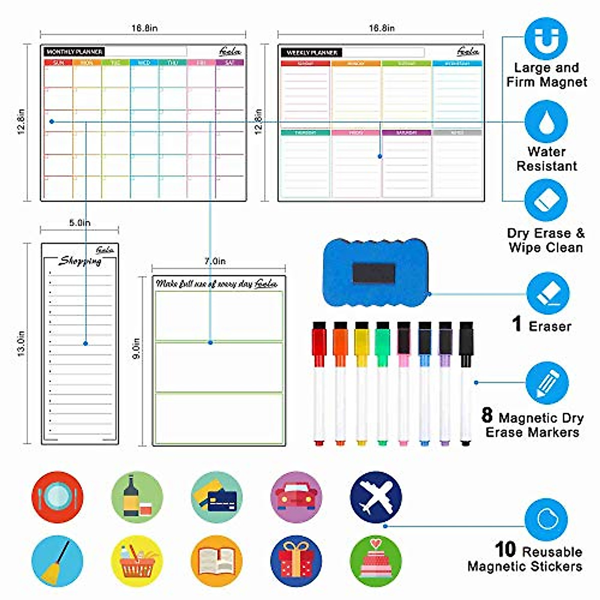 4 Pack Dry Erase 2023 Magnetic White Board Calendar Kit, Feela Monthly Weekly Calendar for Wall Refrigerator, Office Supplies with 8 Magnetic Erase Markers, 1 Eraser, 10 Stickers for Schedule