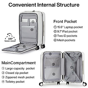 Hanke 20 Inch Carry On Luggage with Wheels PC Hard Shell Suitcases Lightweight Front Opening Tsa Luggage Travel Suitcase Woman Men(Smoke White)