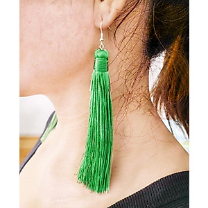 MELUOGE Women's Knotted Tassel Long Earrings 4.7" (Grass green)