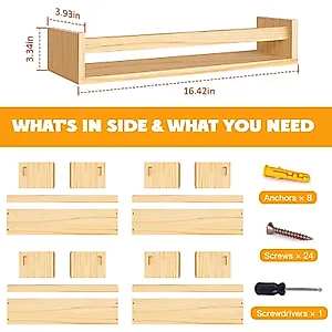 Woodever Nursery Book Shelves Set of 4, 16 Inches Kids Bookshelf, Book Shelf for Kids Room, Floating Shelves for Wall Nursery, Book Storage for Kids, for Bedroom and Palyroom Decor.