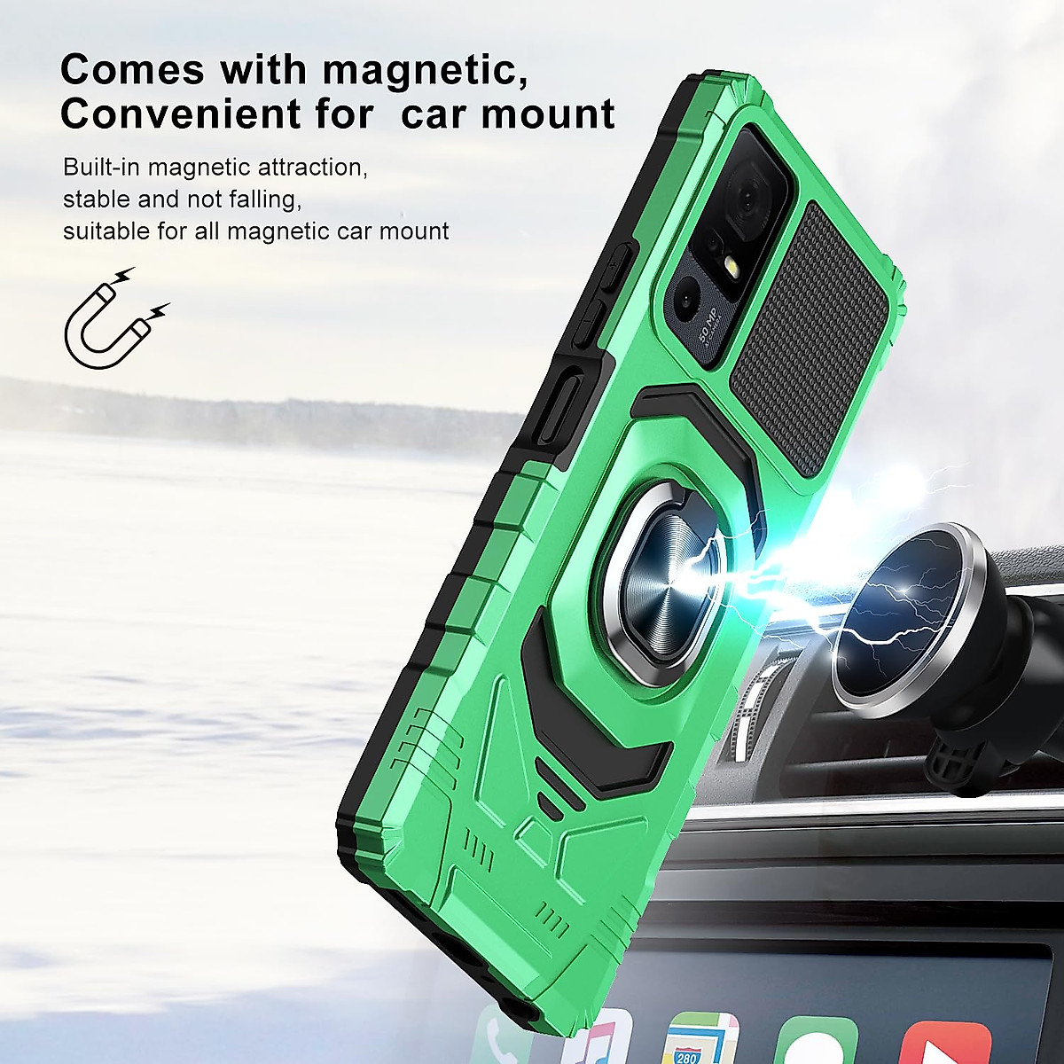 for TCL 40XL Case/TCL 40T Case/Jitterbug Smart 4 Case with Screen Protector,Magnetic Car Ring Stand Soft Silicone Bumper Military Grade Phone Case for TCL 40 XL/TCL 40 T T608DL /Lively Smart4 Green